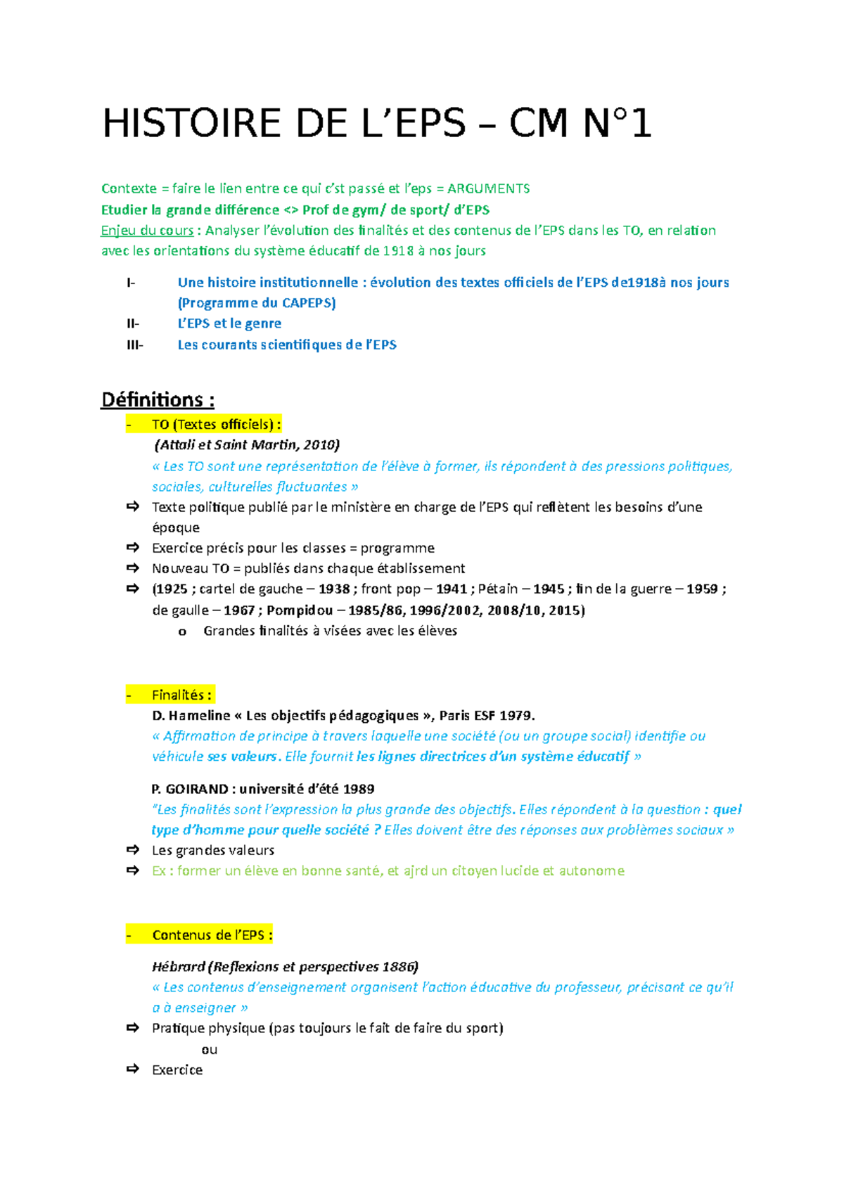 CM N°1 - prise de note - HISTOIRE DE L’EPS – CM N° Contexte = faire le ...
