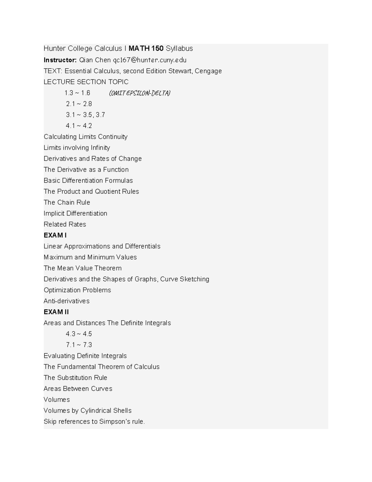 Syllabus Math 150 - Hunter College Calculus I MATH 150 Syllabus ...