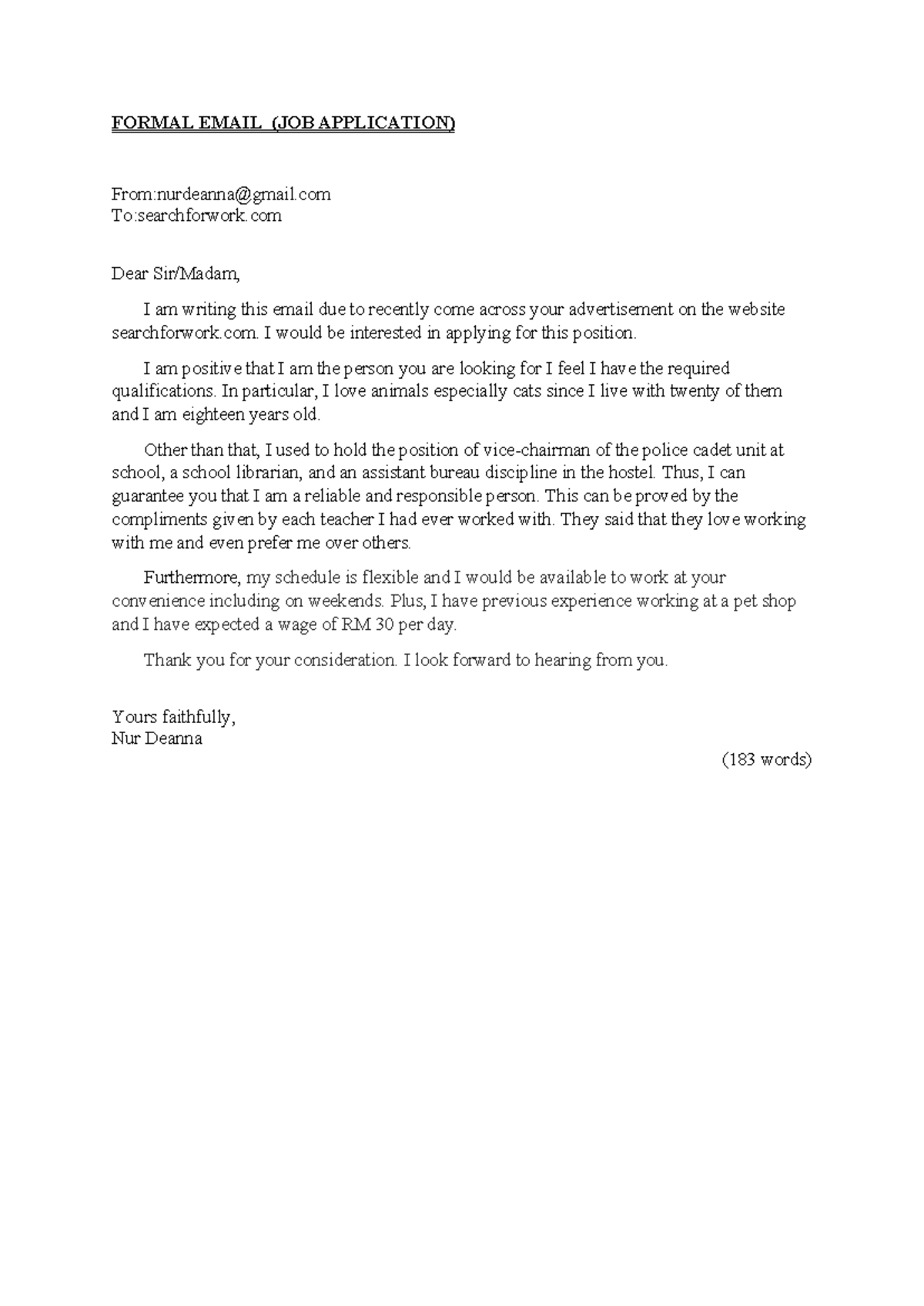 Formal Email - practice materials - FORMAL EMAIL (JOB APPLICATION) From ...