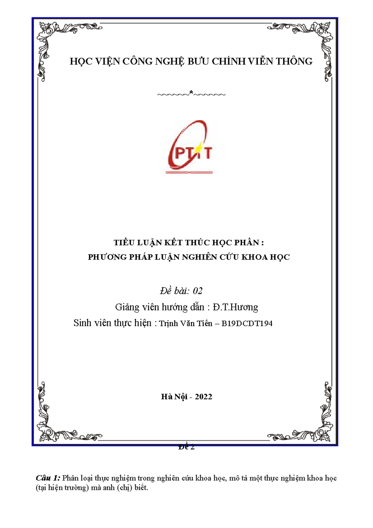 BTL PP LUẬN - Phương pháp luận - HỌC VIỆN CÔNG NGHỆ BƯU CHÍNH VIỄN THÔNG ~~~~~~*~~~~~~ TIỂU LUẬN ...