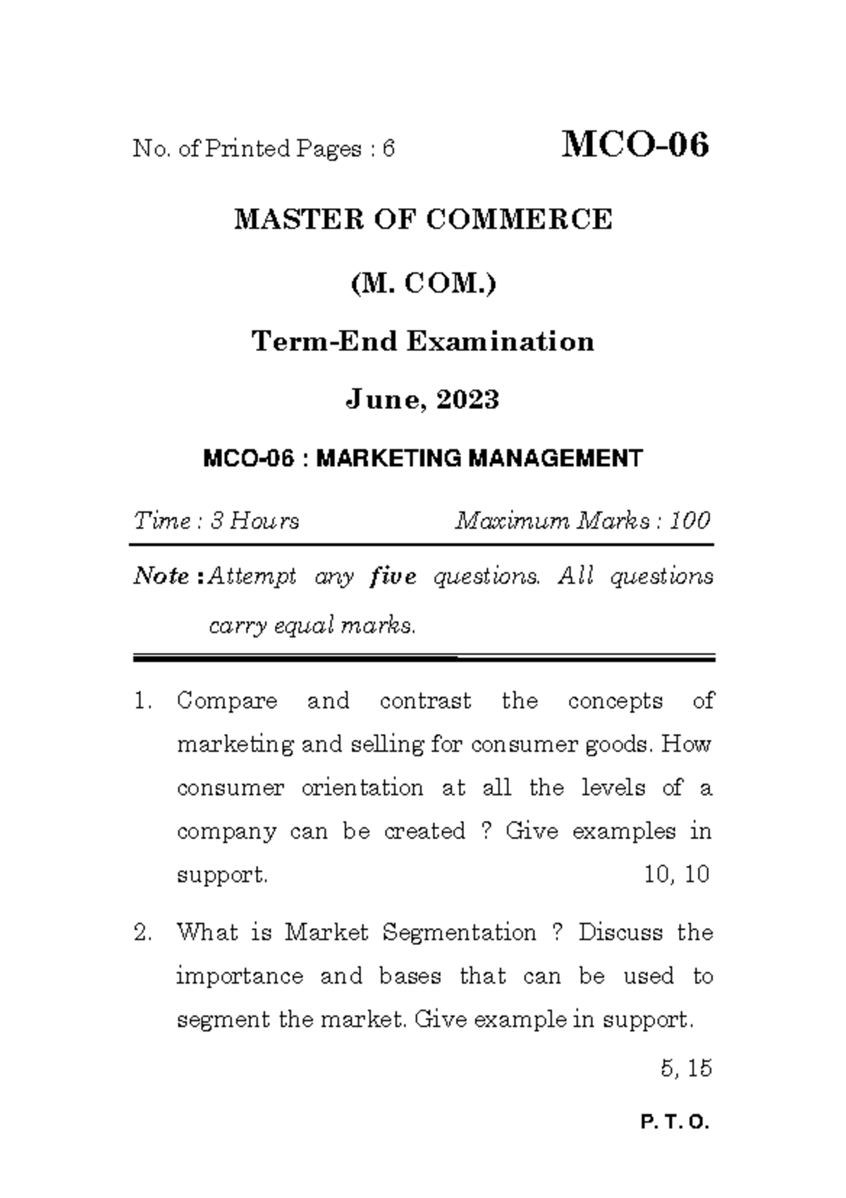 MCO-06 - oooooo - P. T. O. No. of Printed Pages : 6 MCO- MASTER OF COMMERCE (M. COM.) Term-End ...
