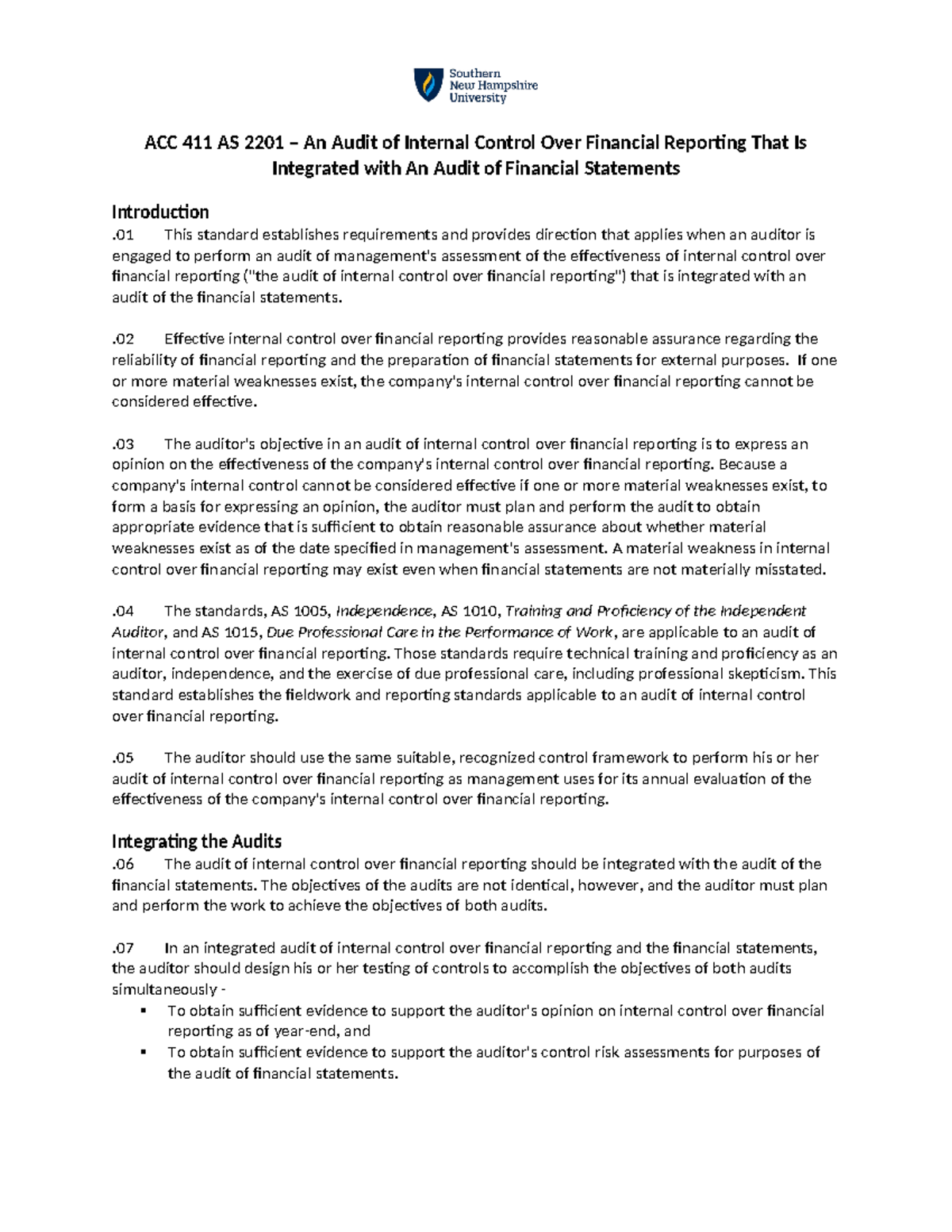 ACC 411 AS 2201- An Audit of Internal Control Over Financial Reporting That Is Integrated - 01 ...