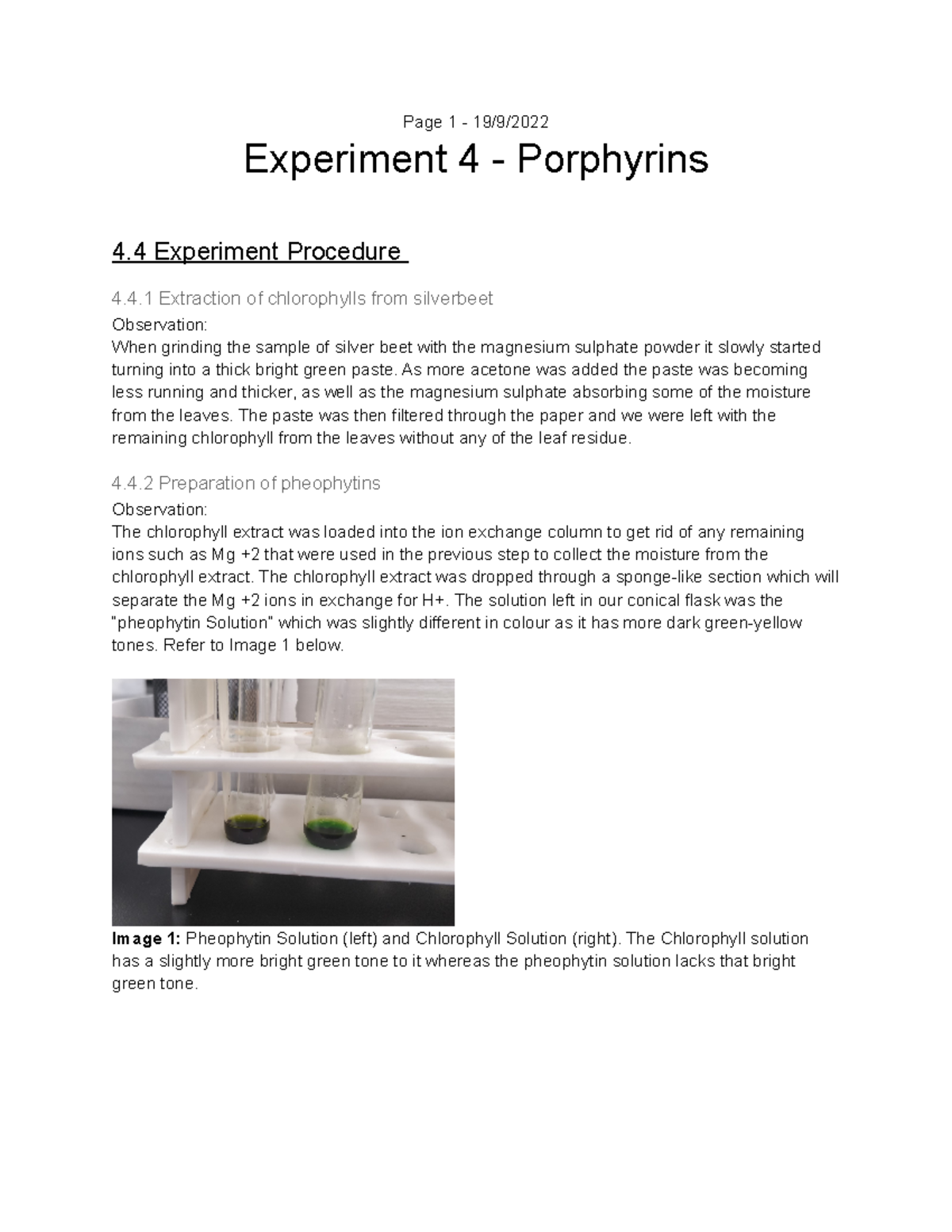 E4 Logbook - Experiment 4 - Porphyrins - Page 1 - 19/9/ Experiment 4 - Porphyrins 4 Experiment ...