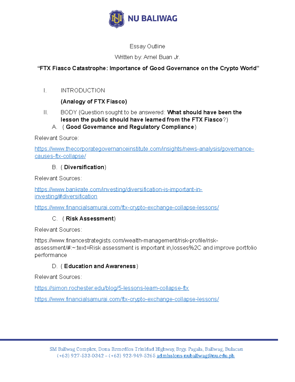 Essay Outline FTX Fiasco - Essay Outline Written by: Arnel Buan Jr ...