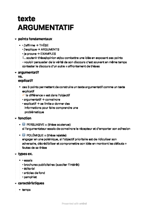 Texte Argumentatif - schema di materiale didattico - texte ARGUMENTATIF points fondamentaux ...