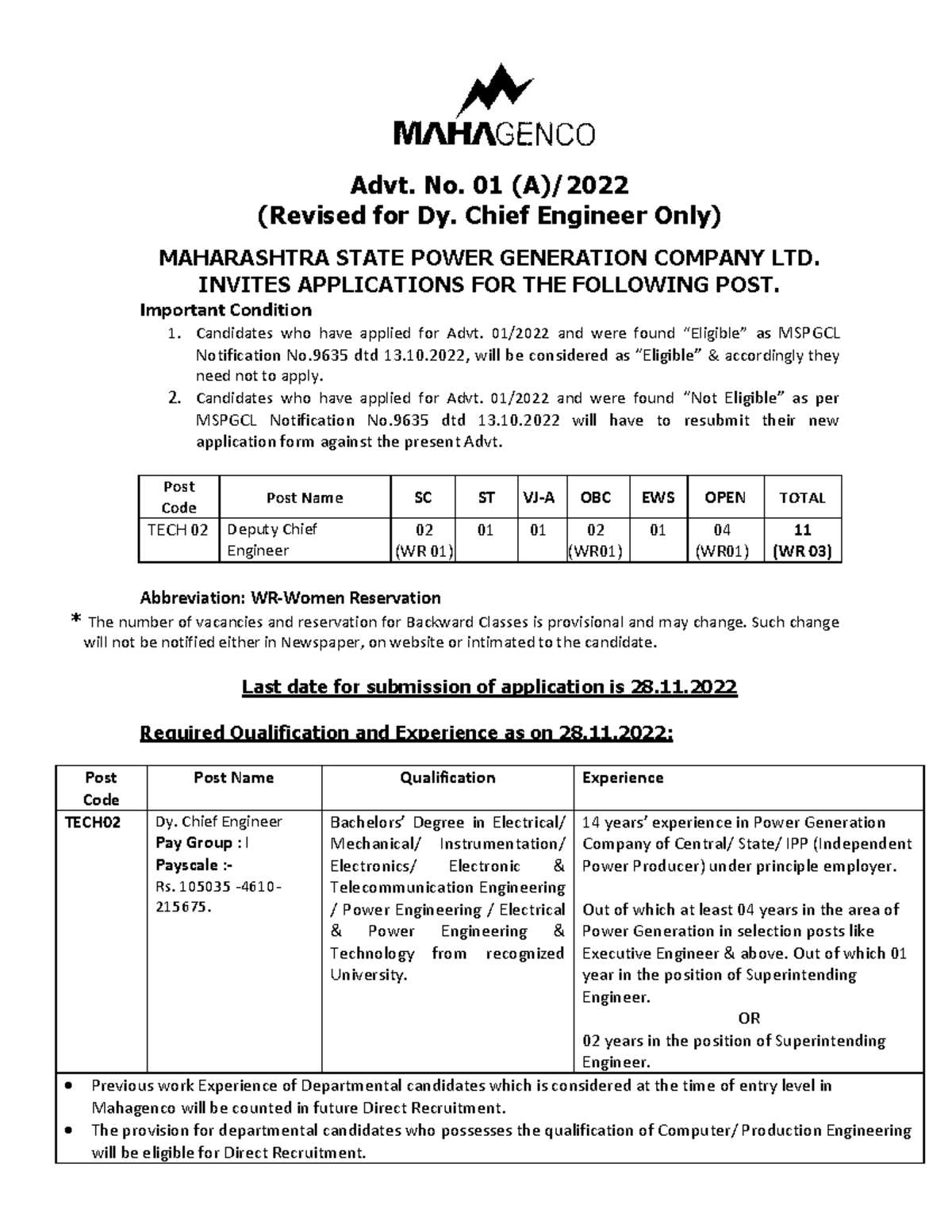 Advt No 01 A 2022 - Xnxjx - Advt. No. 01 (A)/ (Revised for Dy. Chief ...