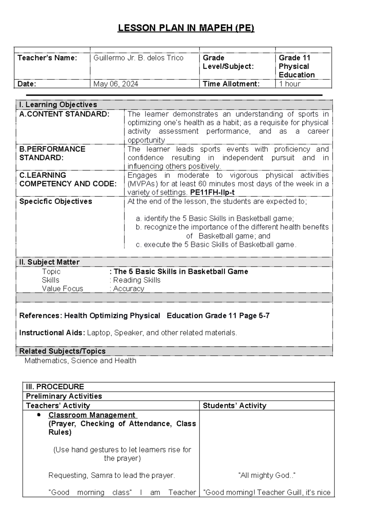 Lesson PLAN Basketball - LESSON PLAN IN MAPEH (PE) Teacher’s Name ...