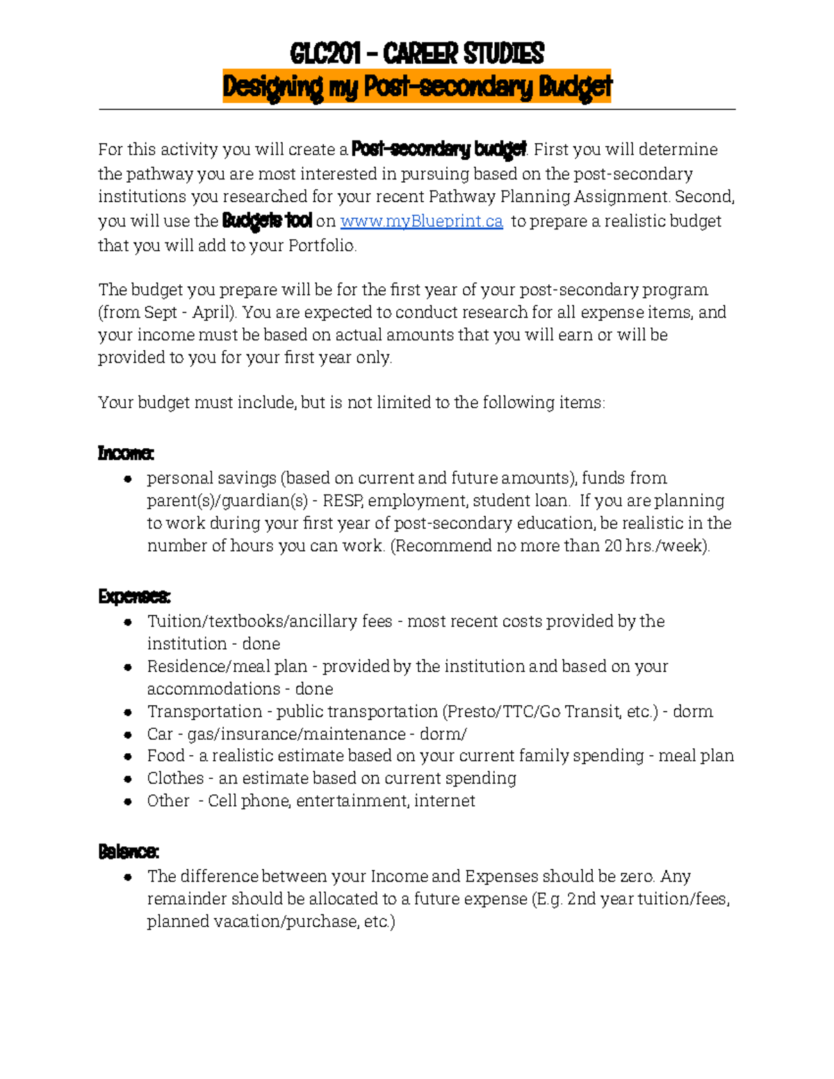 Portfolio Activity Designing my Post-secondary Budget - GLC201 - CAREER ...