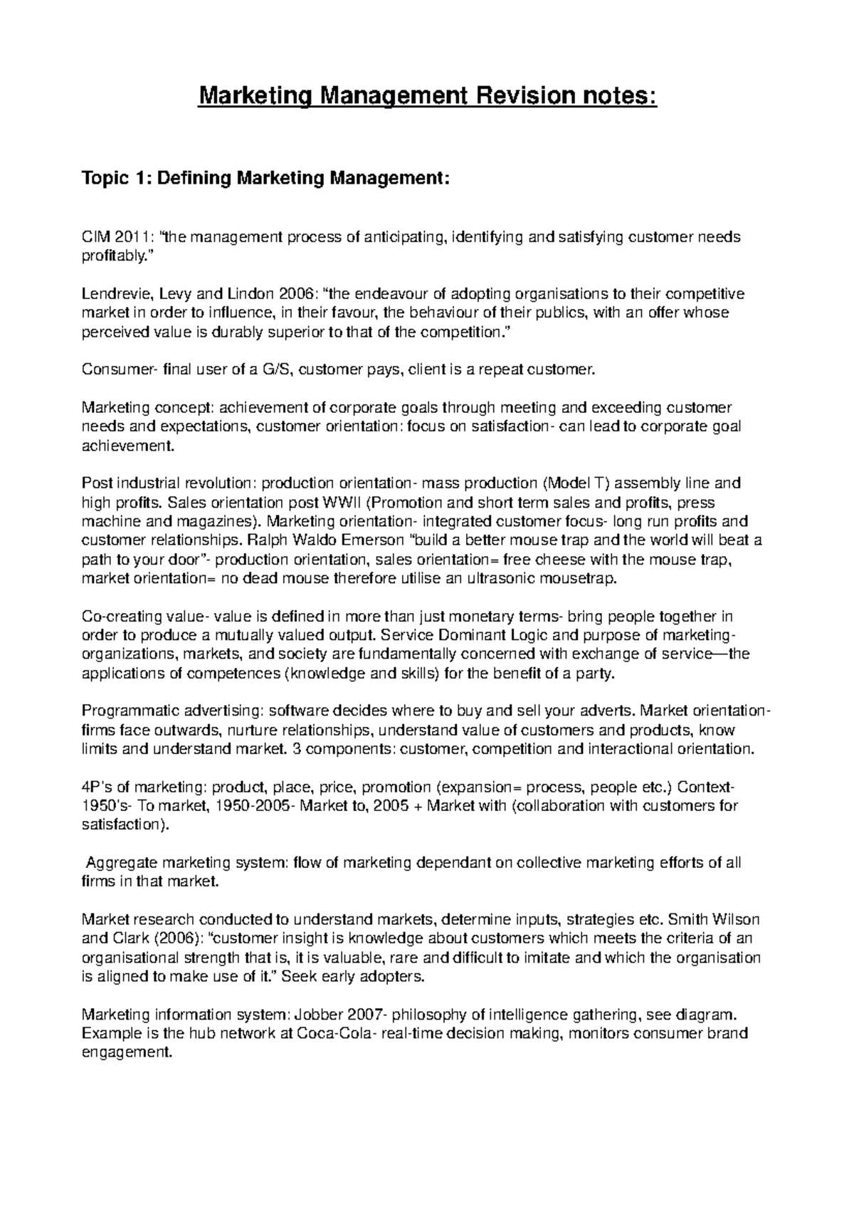 Marketing management Revision/Lecture notes - Marketing Management ...