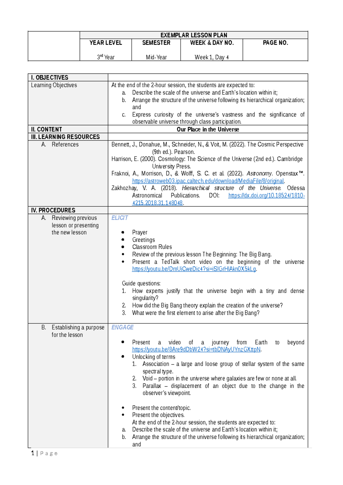 Exemplar Lesson Plan, Structure of the Universe - EXEMPLAR LESSON PLAN ...