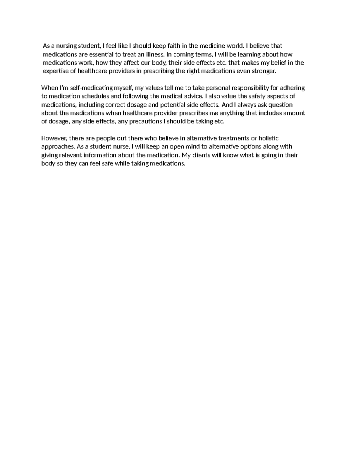 Medication Reflection- NURS 1109 - As a nursing student, I feel like I ...