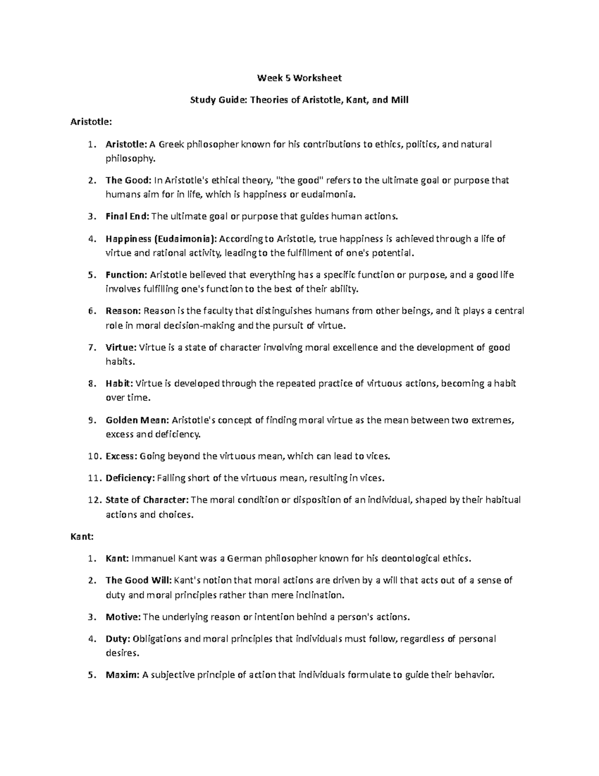 Week 5Worksheet - Week 5 Worksheet Study Guide: Theories of Aristotle ...