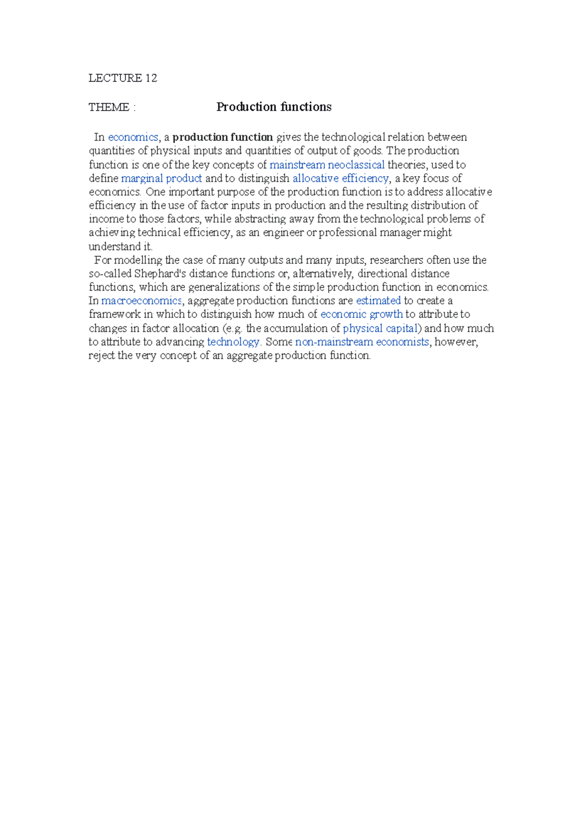 Theme 12 - lectural notes - LECTURE 12 THEME : Production functions In ...