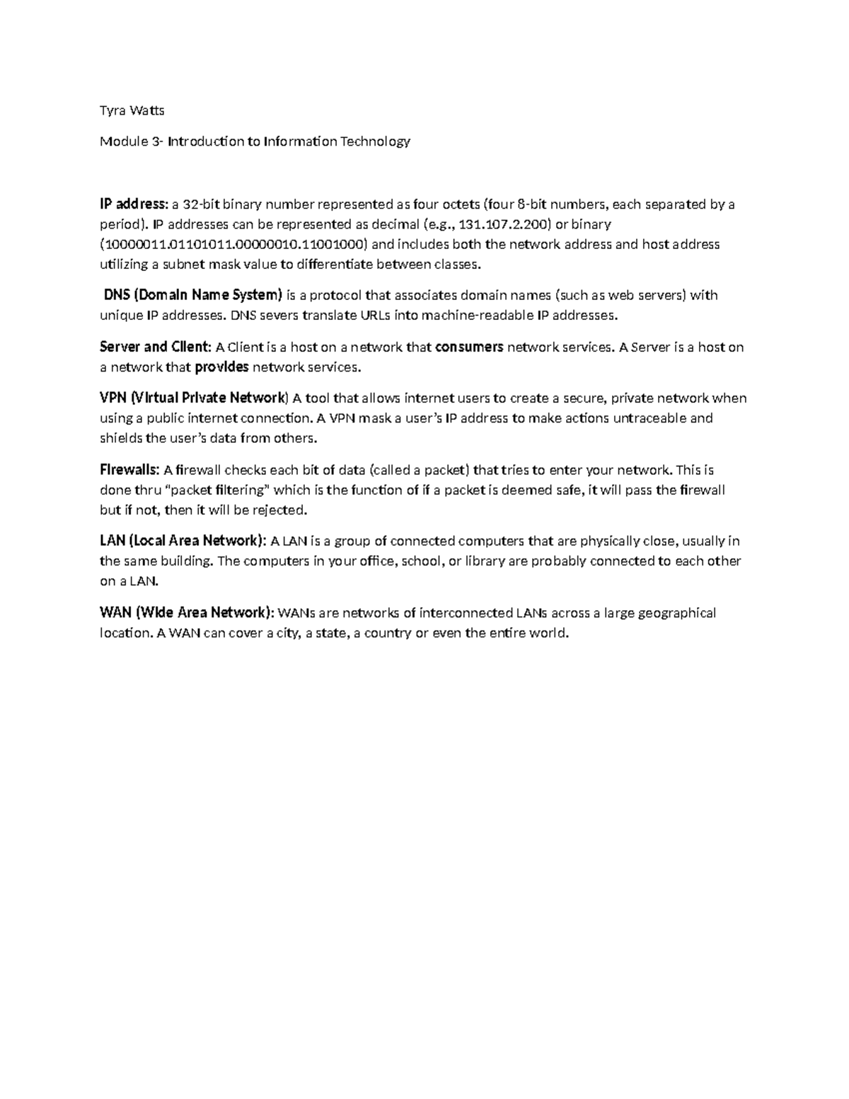 Module 3 assignment - Tyra Watts Module 3- Introduction to Information ...