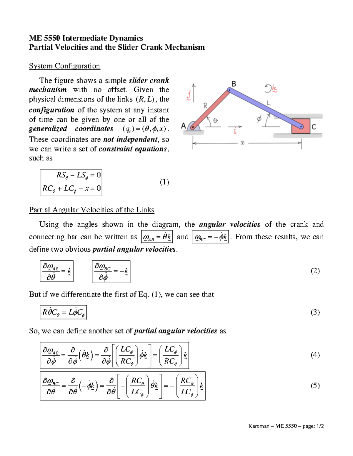 ME555Partial Velocities Slider Crank - Kamman – ME 5550 – page: 1/ ME 5550 Intermediate Dynamics ...