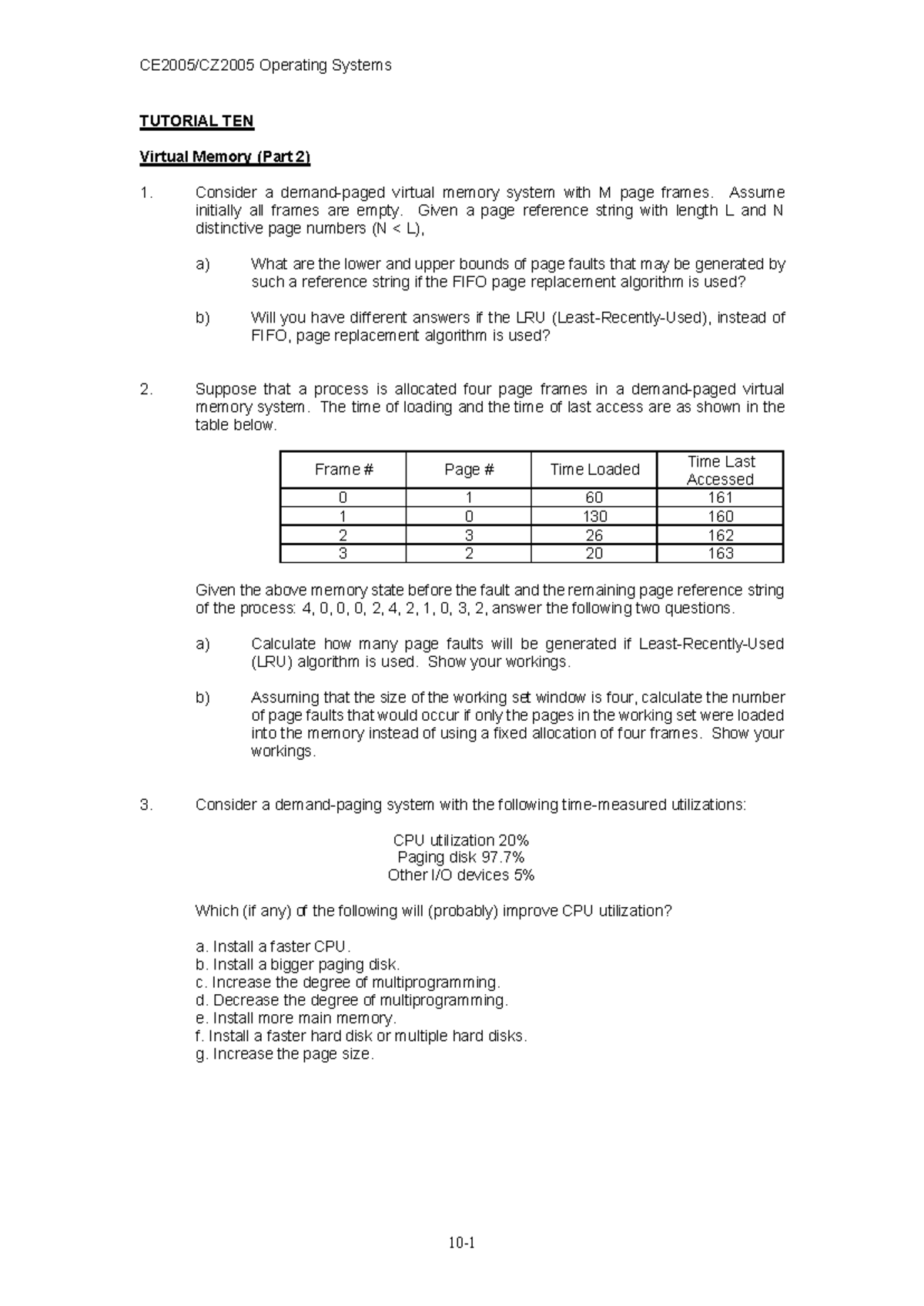 Tut10 - Tutorial 10 - CE2005/CZ20 05 Operating Systems 10- TUTORIAL TEN Virtual Memory (Part 2 ...