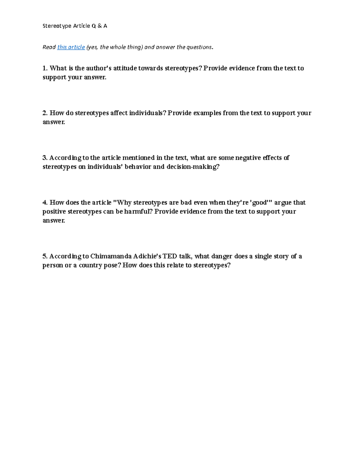 6 - Stereotype Article and Questions - Stereotype Article Q & A Read ...