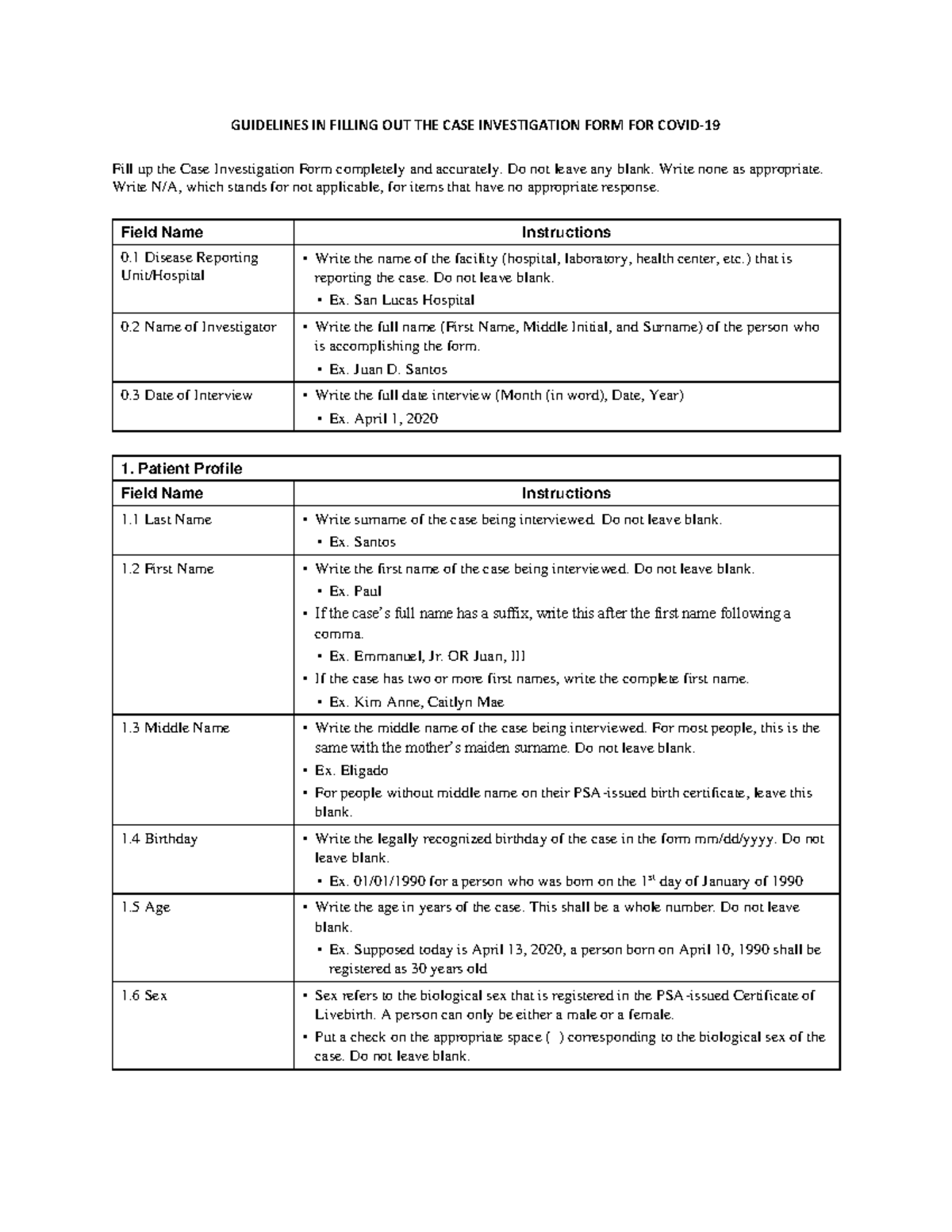 Guidelines for Filling Out the Case Investigation Form - Warning: TT ...