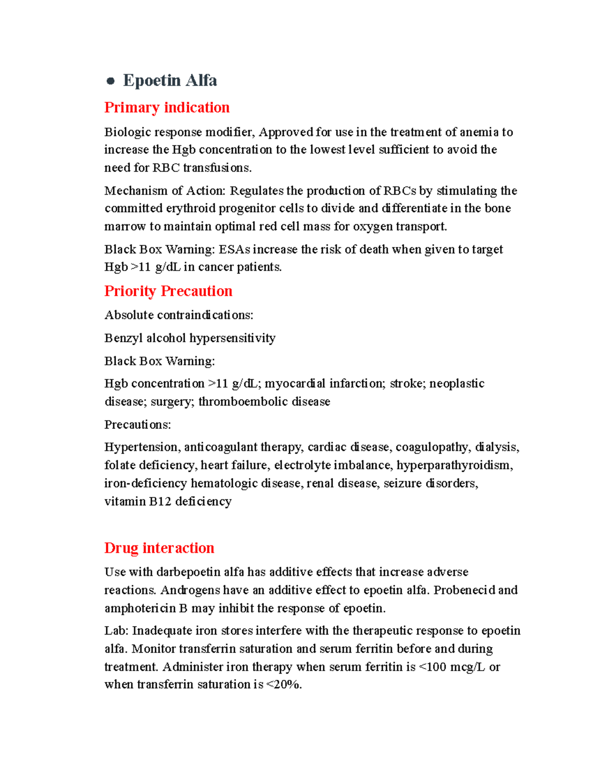 Med card 8 - Summary Medsurg - Epoetin Alfa Primary indication Biologic ...
