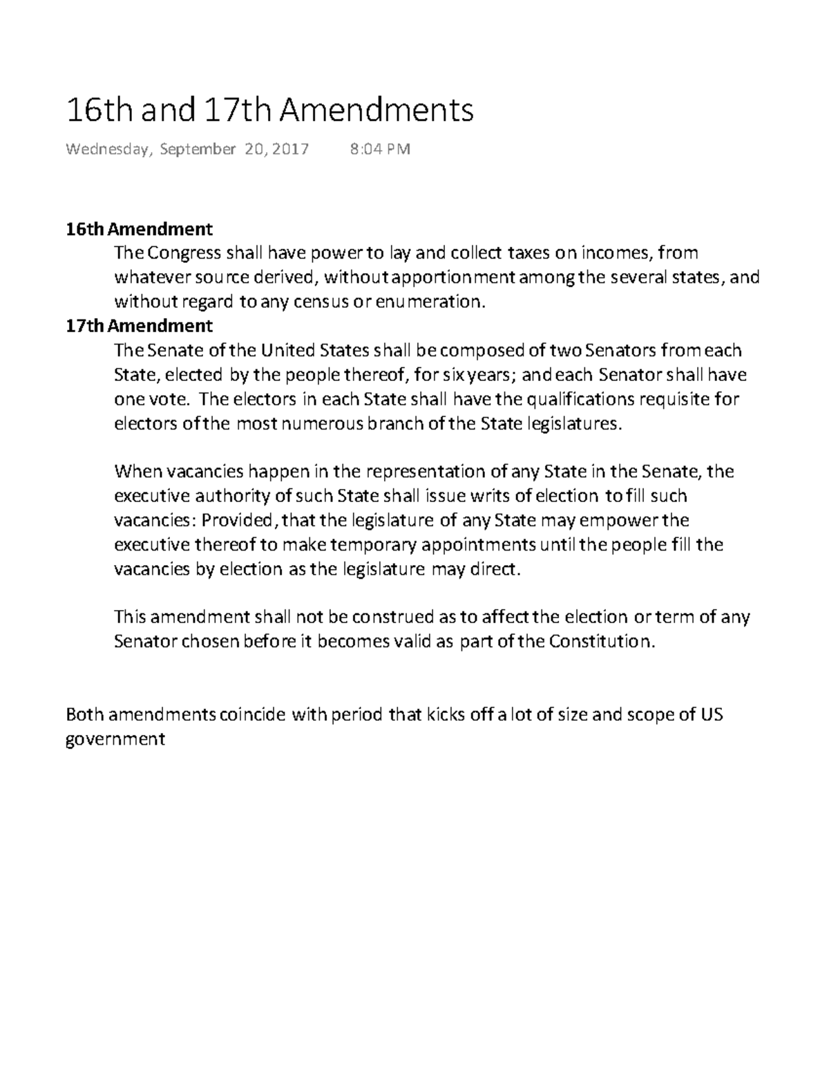 16th and 17th Amendments - 16th and 17th Amendments Wednesday ...