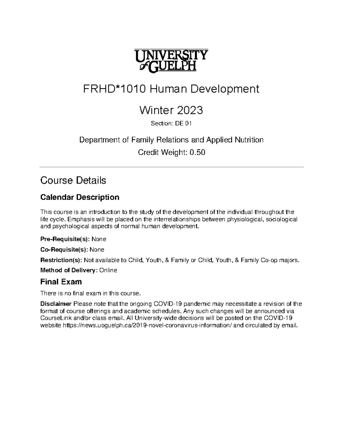Outline FRHD1010 DE01 W23 final-3 - FRHD*1010 Human Development Winter 2023 Section: DE 01 - Studocu