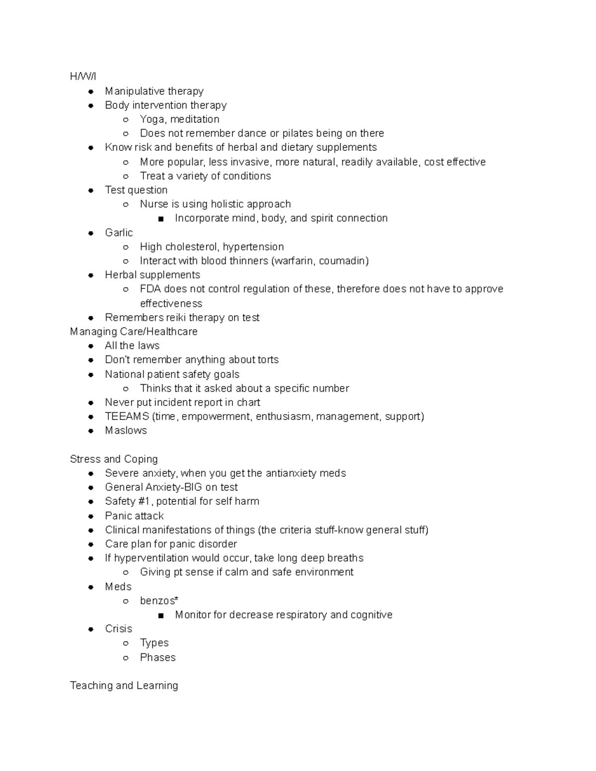 NUR 112 Test 1 review - H/W/I Manipulative therapy Body intervention ...