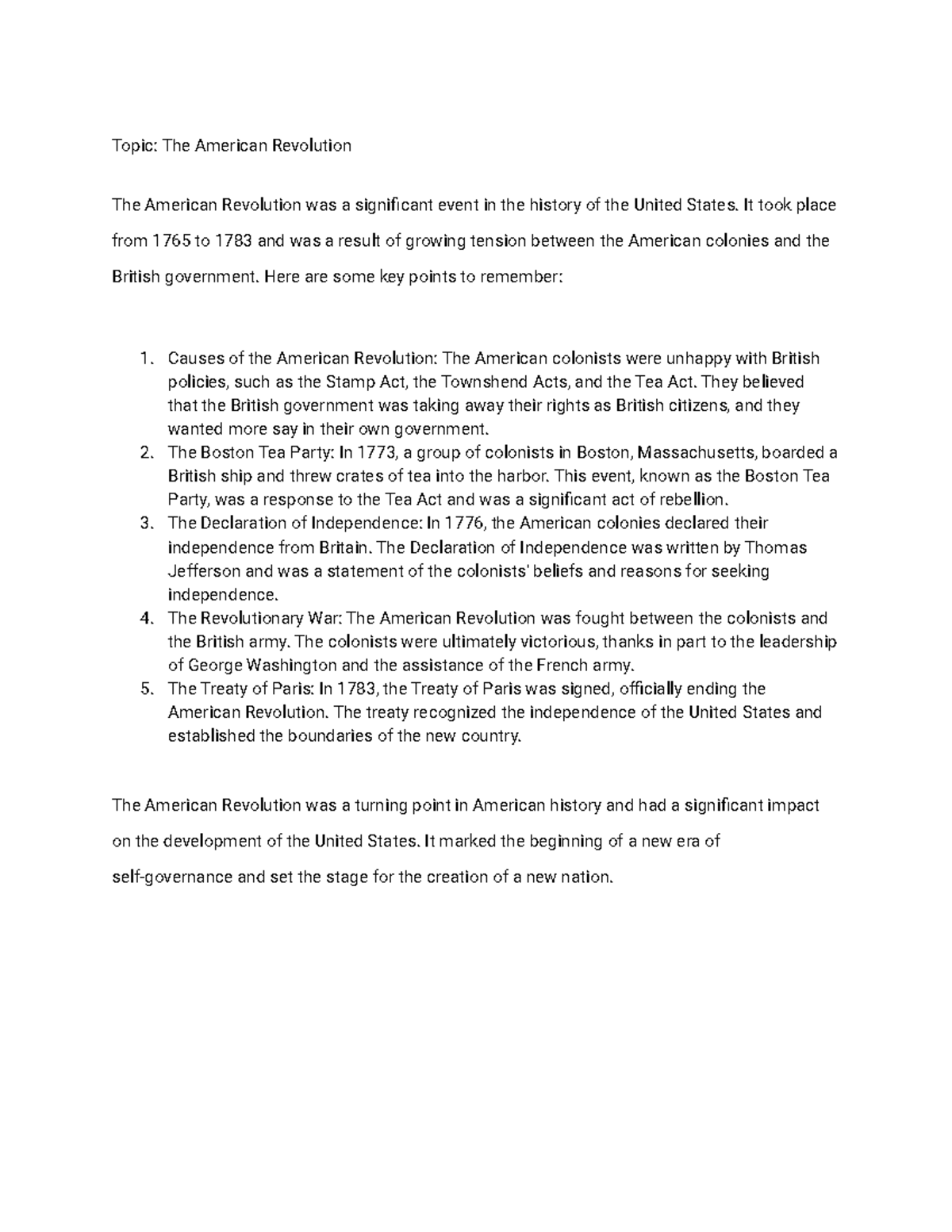 Topic The American Revolution - It took place from 1765 to 1783 and was ...