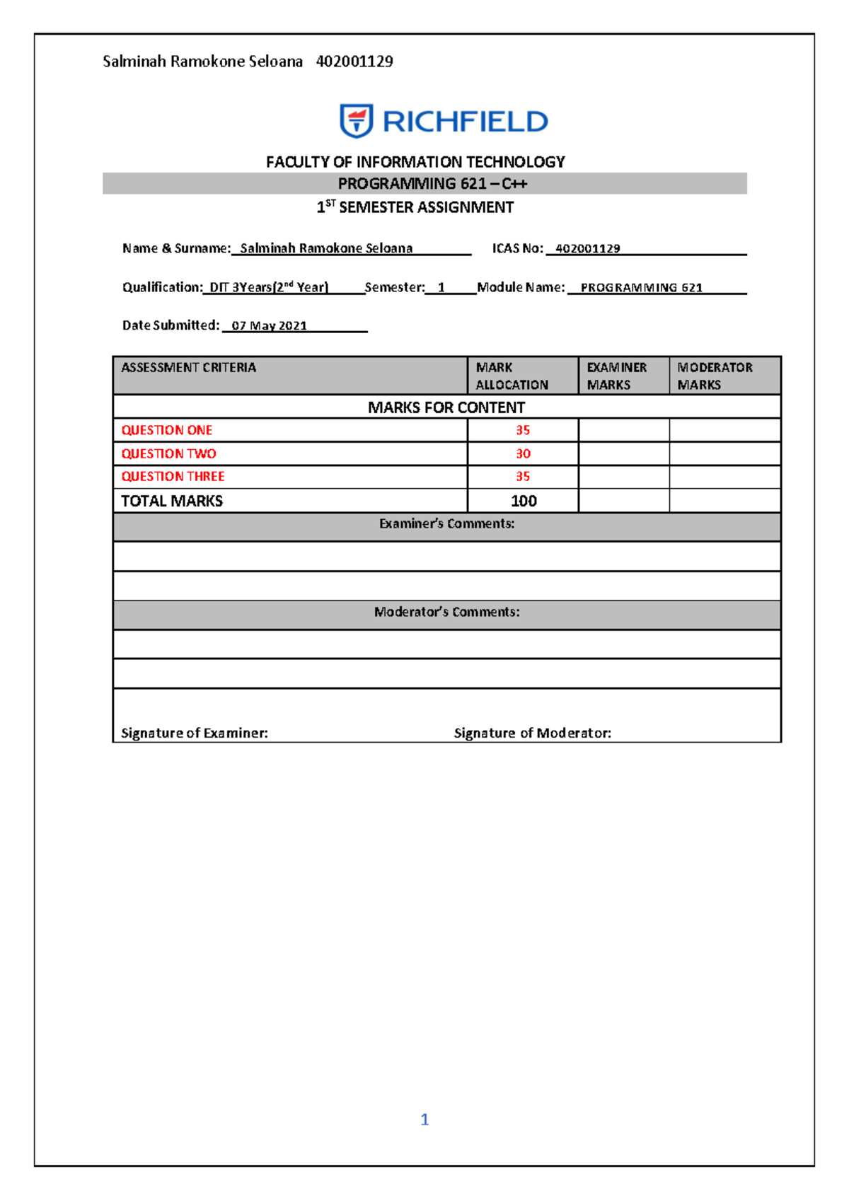 402001 129 Programing 621 - **FACULTY OF INFORMATION TECHNOLOGY PROGRAMMING 621 3 C++** 1 ST ...