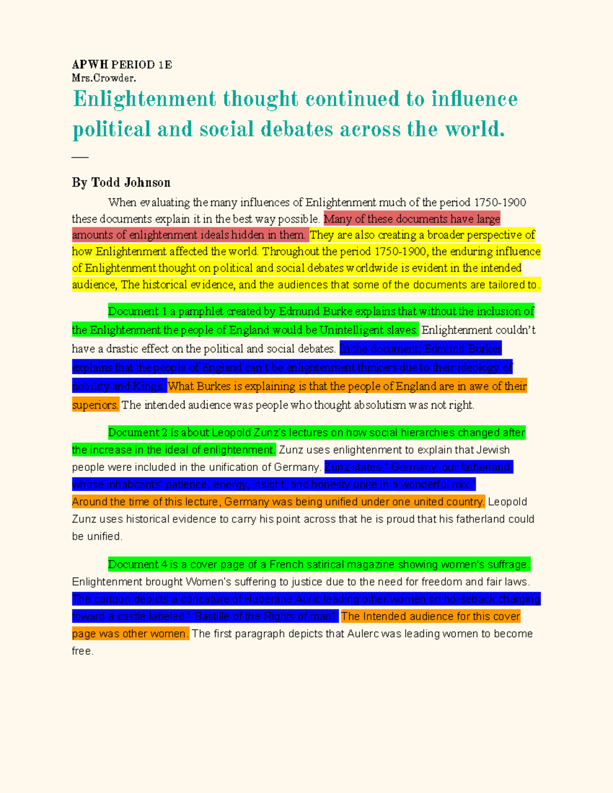 Enlightenment Essay - APWH PERIOD 1E Mrs. Enlightenment thought ...