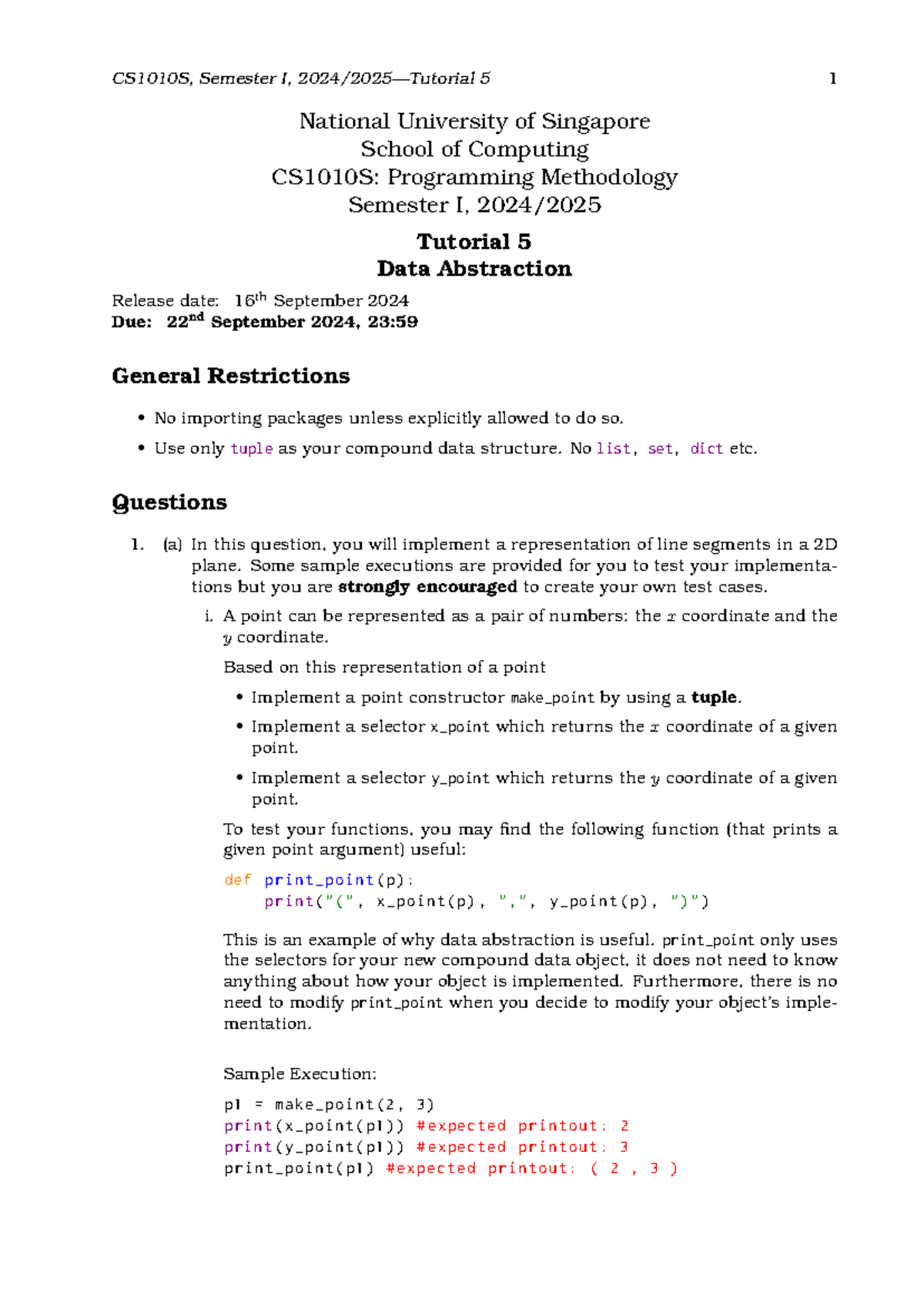 Tut05 - paper - National University of Singapore School of Computing CS1010S: Programming - Studocu