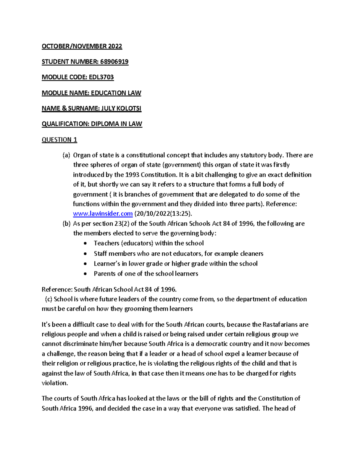 EDL3703 EXAM ANS - OCTOBER/NOVEMBER 2022 STUDENT NUMBER: 68906919 ...