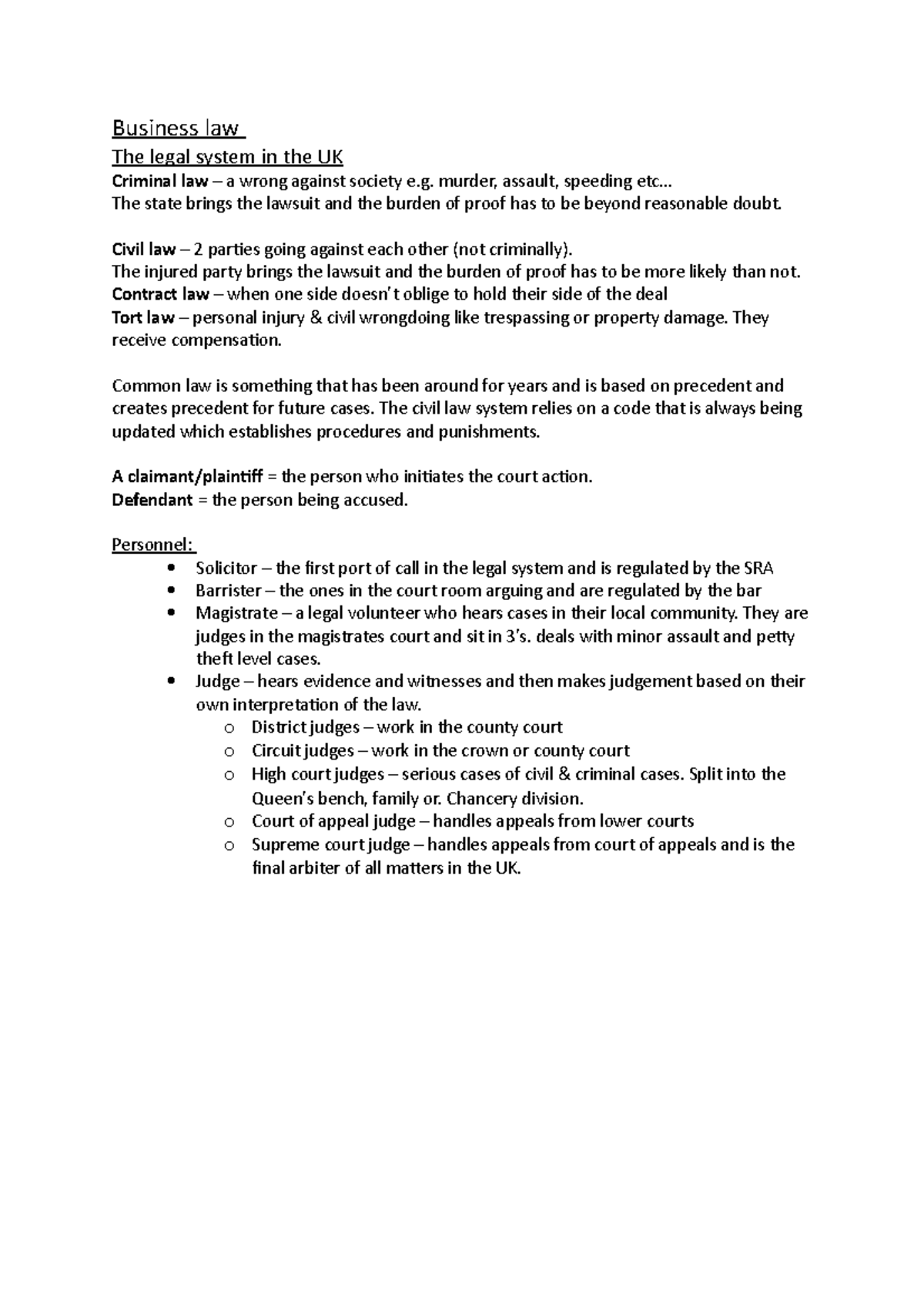 Introduction to law - this is my summarised notes from lectures and ...