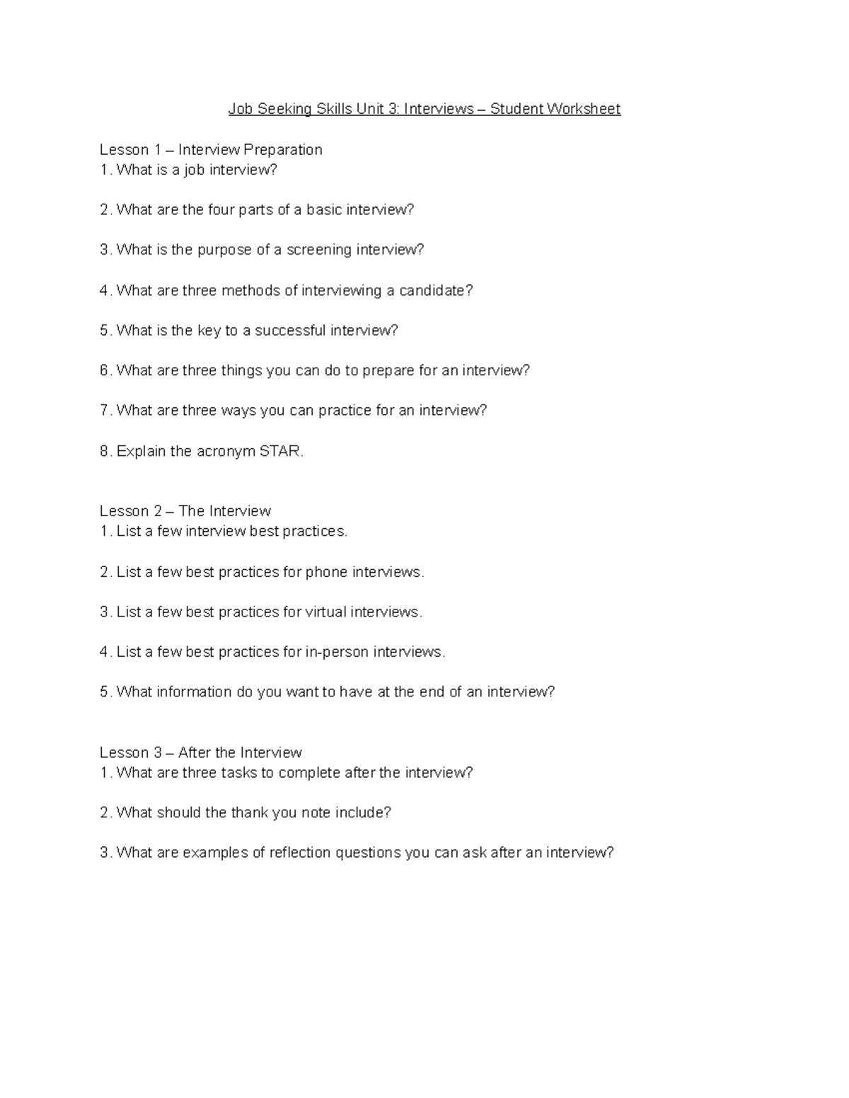 Job Seeking Skills Unit 3&4- Student Worksheet - Job Seeking Skills ...