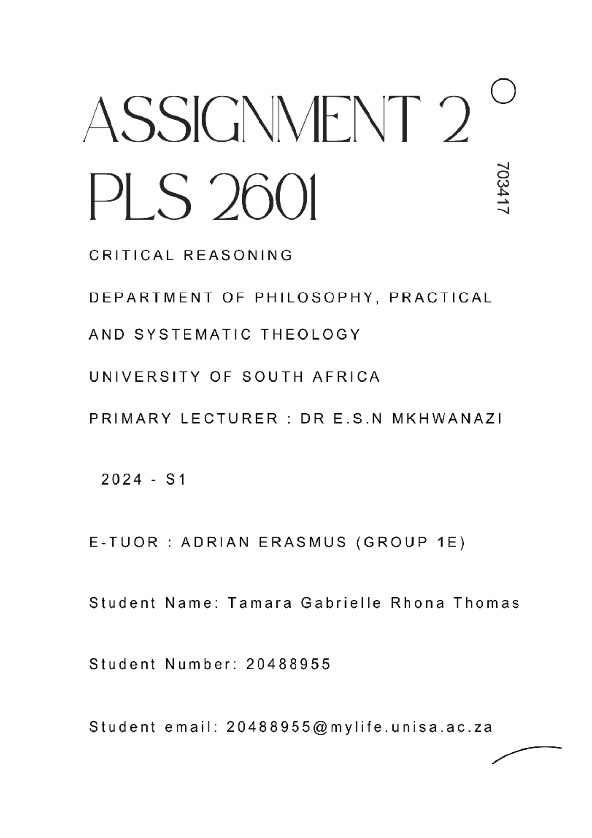 PLS2601 Assignment 2 S1 2024 - Table of Content Short Questions - Studocu