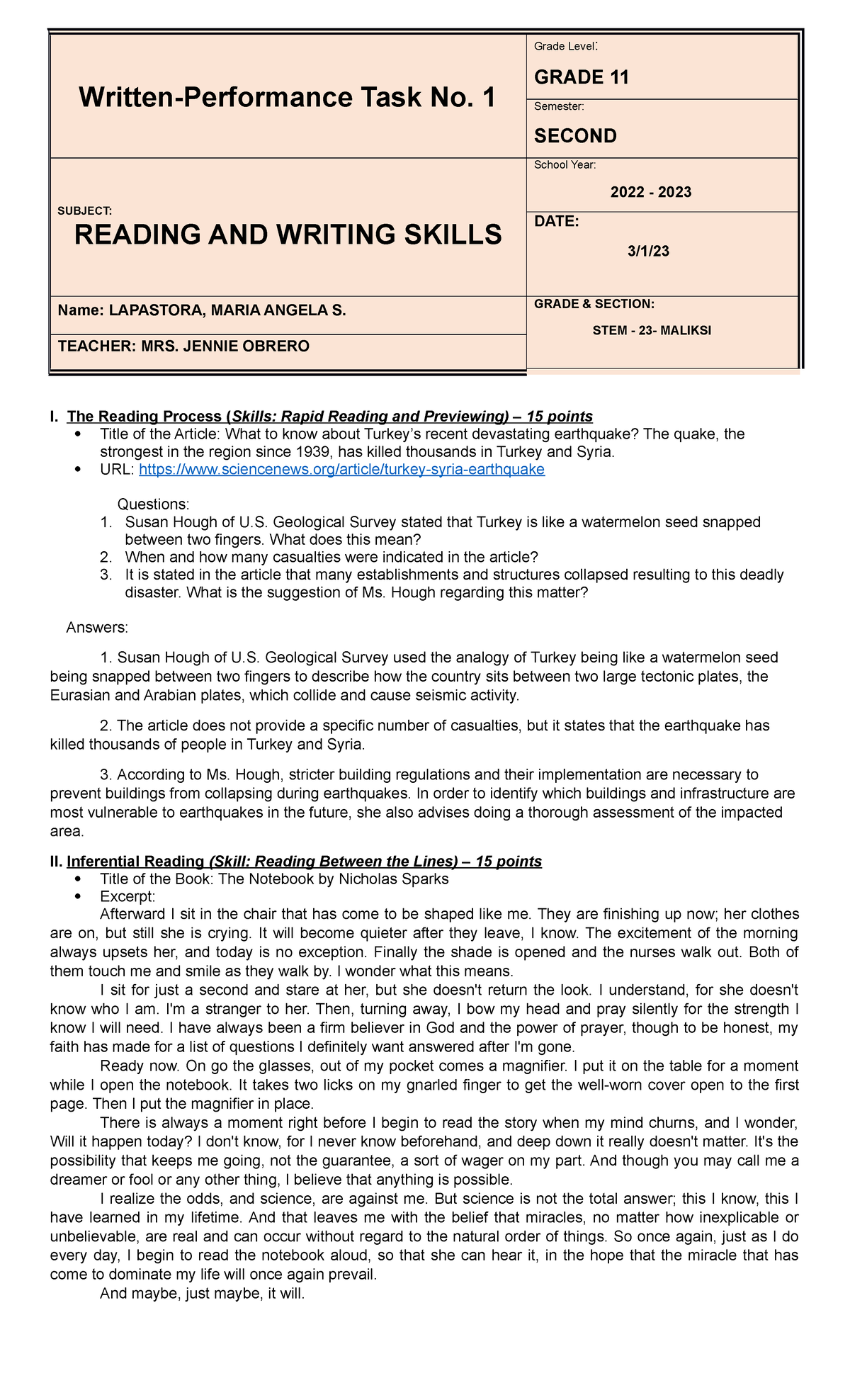 RAWS Written-Performance Task - I. The Reading Process (Skills: Rapid Reading and Previewing ...