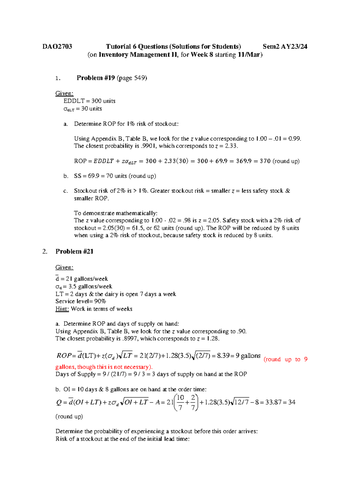 Tutorial 6 Solutions for Students (Inv Mgt II) - DAO2703 Tutorial 6 Questions (Solutions for ...