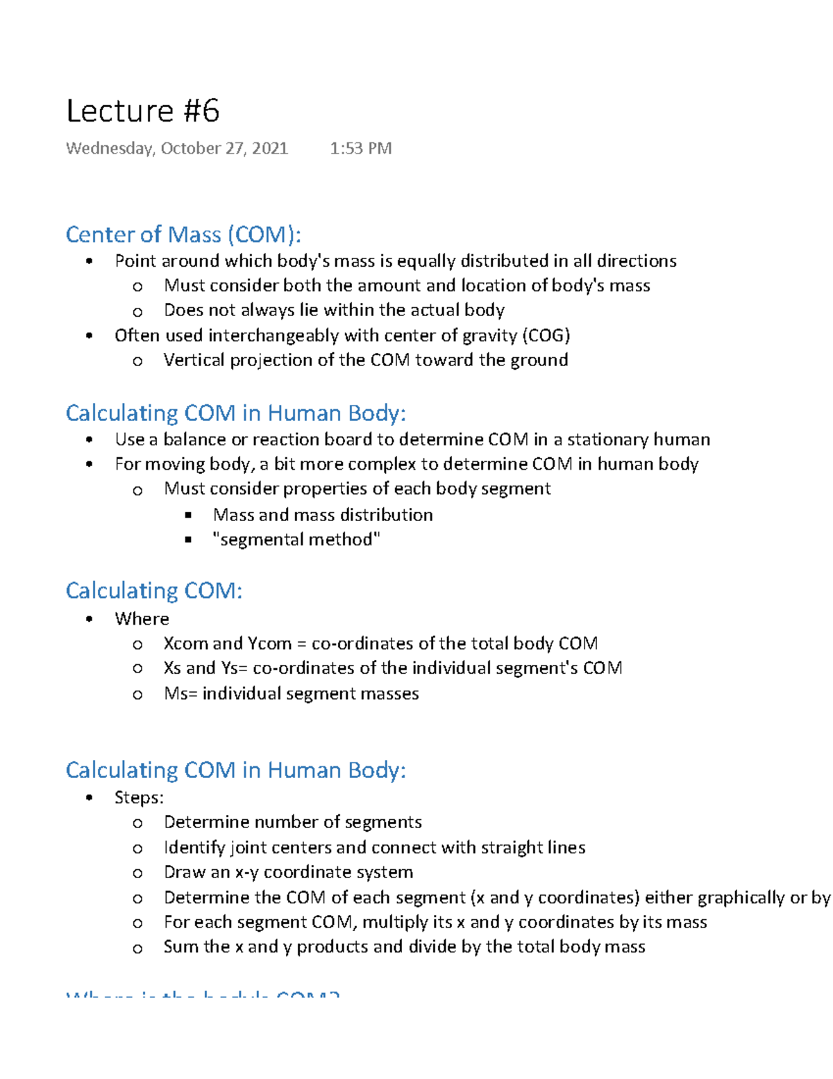 KINE 3P10- Lecture 6 - Center of Mass (COM) - Center of Mass (COM ...