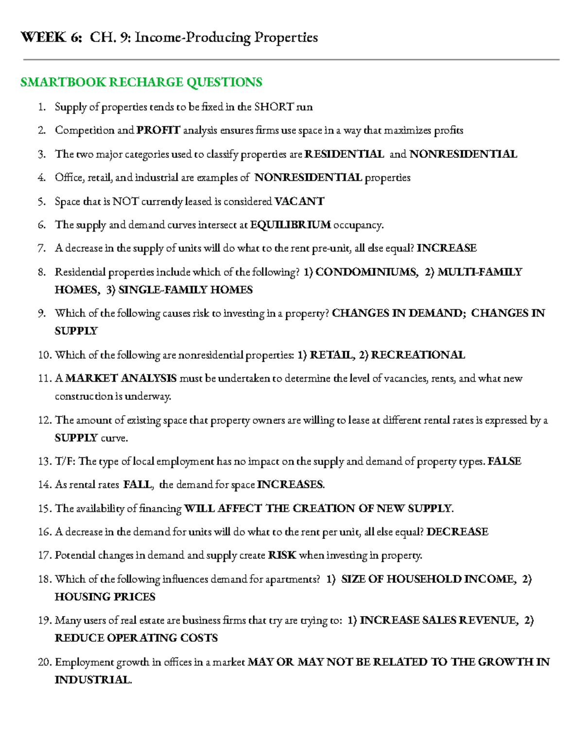 CH. 9 - SB recharge notes key points - WEEK 6: CH. 9: Income-Producing ...