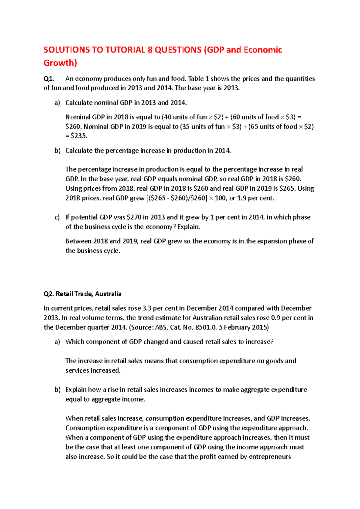 Solutions TO Tutorial Questions 8-12 - SOLUTIONS TO TUTORIAL 8 QUESTIONS (GDP and Economic ...