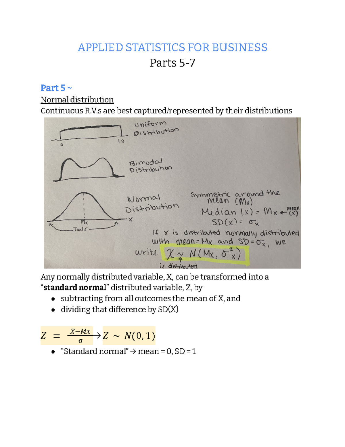 APP Stats FOR BUS Parts 5-7 - APPLIED STATISTICS FOR BUSINESS Parts 5 ...