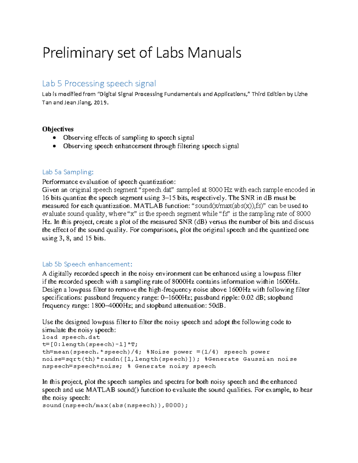 Lab5 manuals-08-03-2022 - Preliminary set of Labs Manuals Lab 5 Processing speech signal Lab is ...