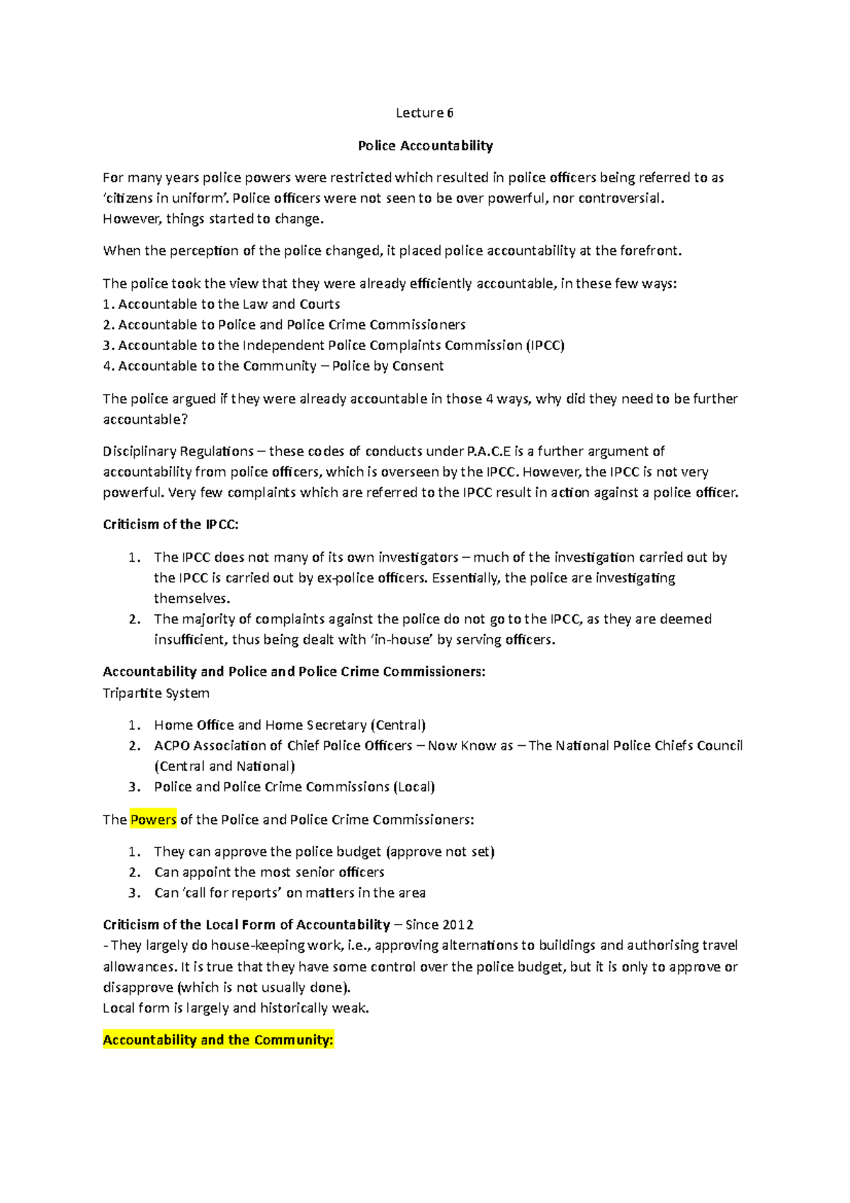 Lecture 6 - Police Accountability - Lecture 6 Police Accountability For ...