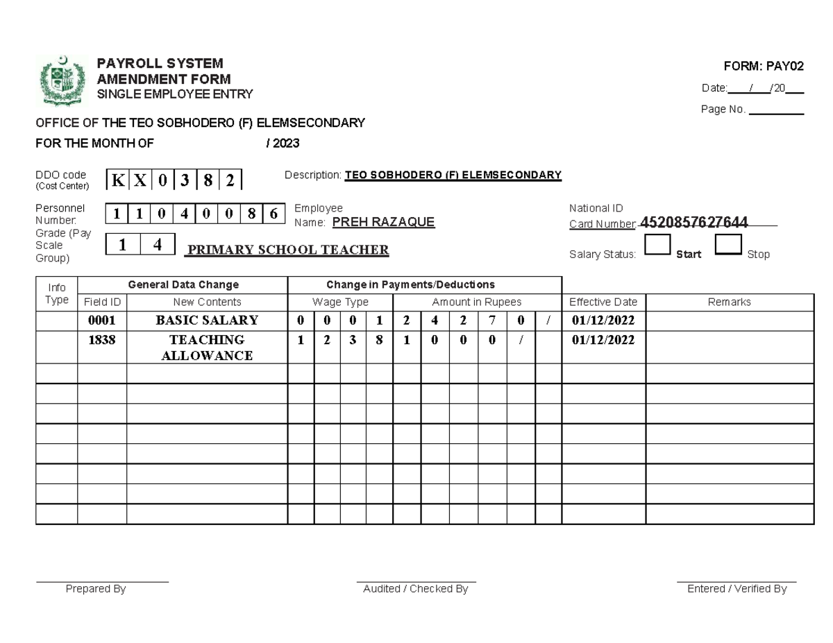 FO2 PREH - Bfbbfbfnmfm - PAYROLL SYSTEM AMENDMENT FORM SINGLE EMPLOYEE ...