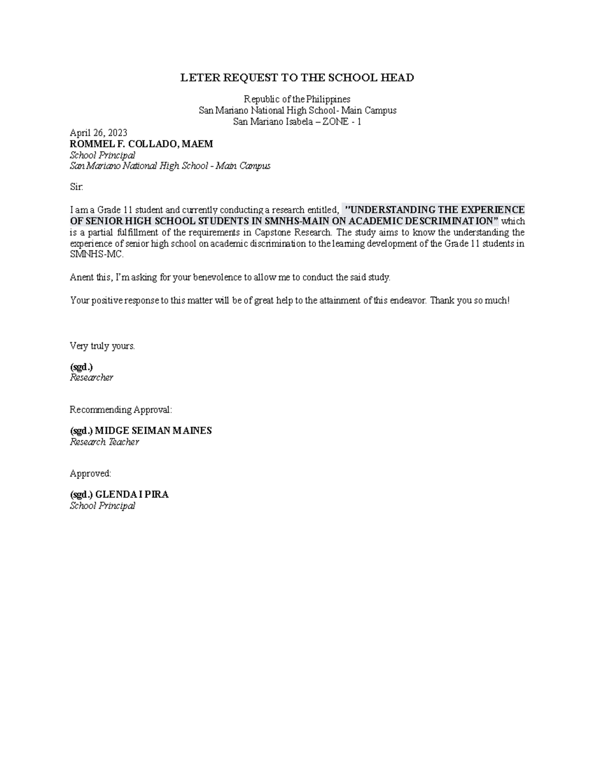 Leter Request TO THE School HEAD - LETER REQUEST TO THE SCHOOL HEAD ...