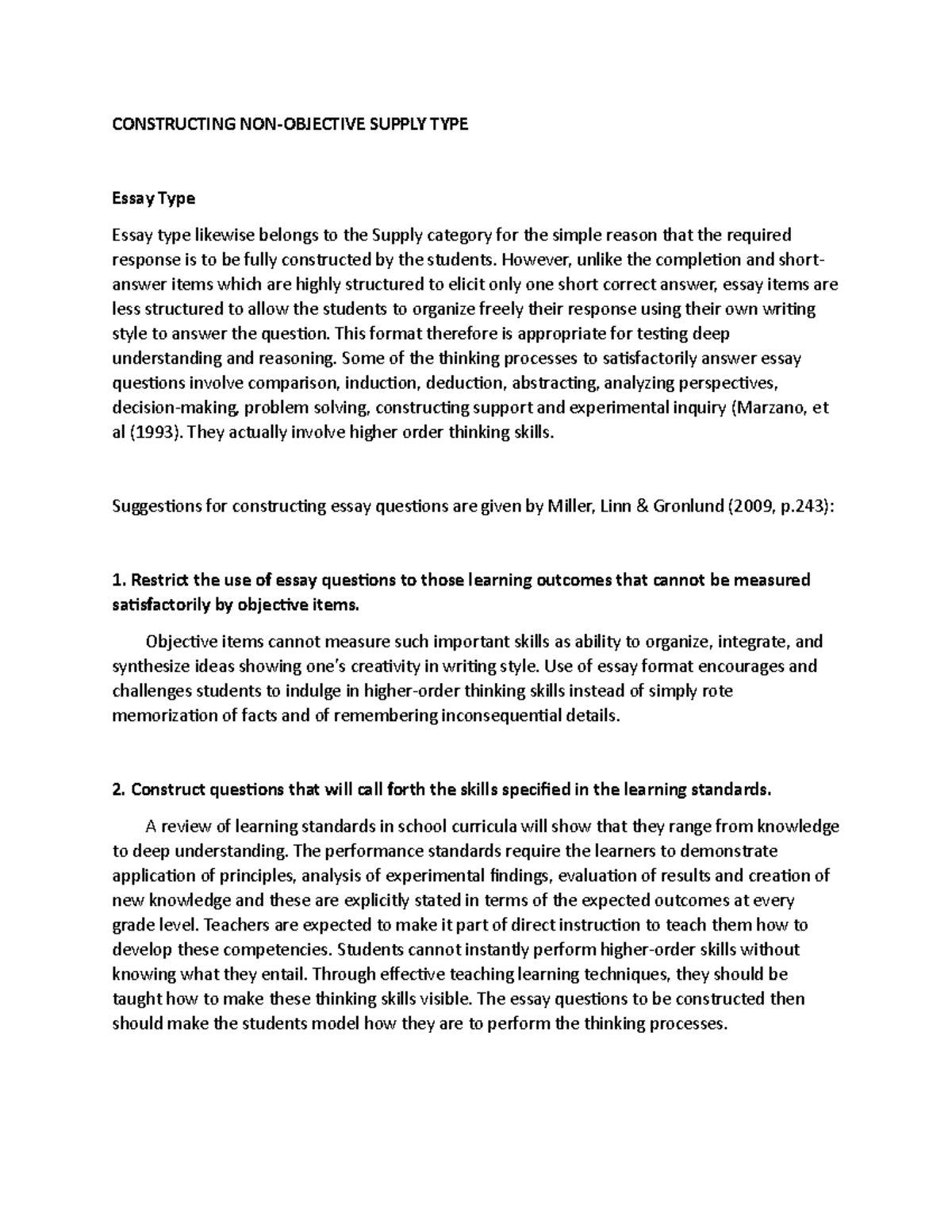 Constructing Non Objective Supply Type Constructing Non Objective Supply Type Essay Type