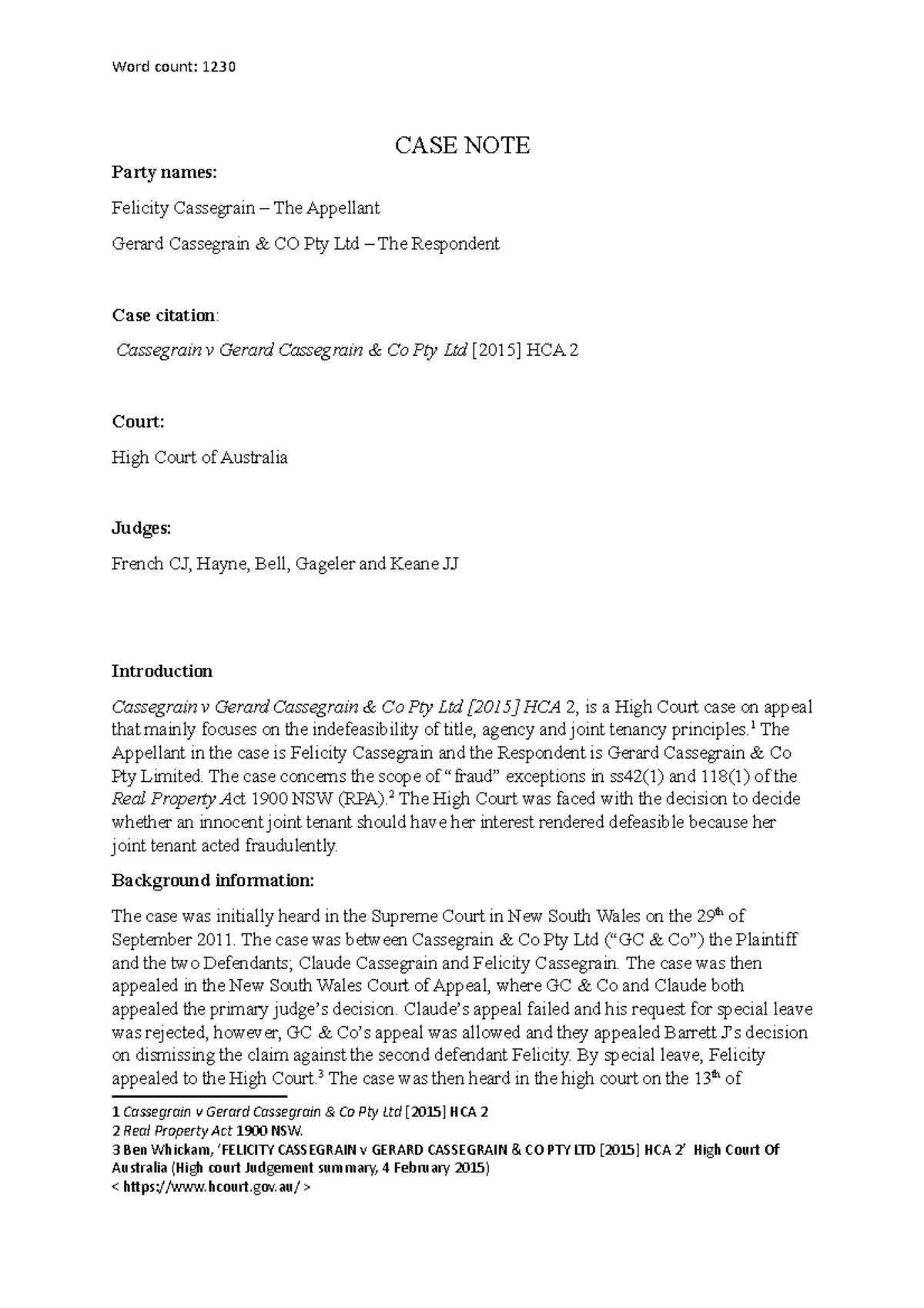 Land law 2 case note - Case note - CASE NOTE Party names: Felicity ...