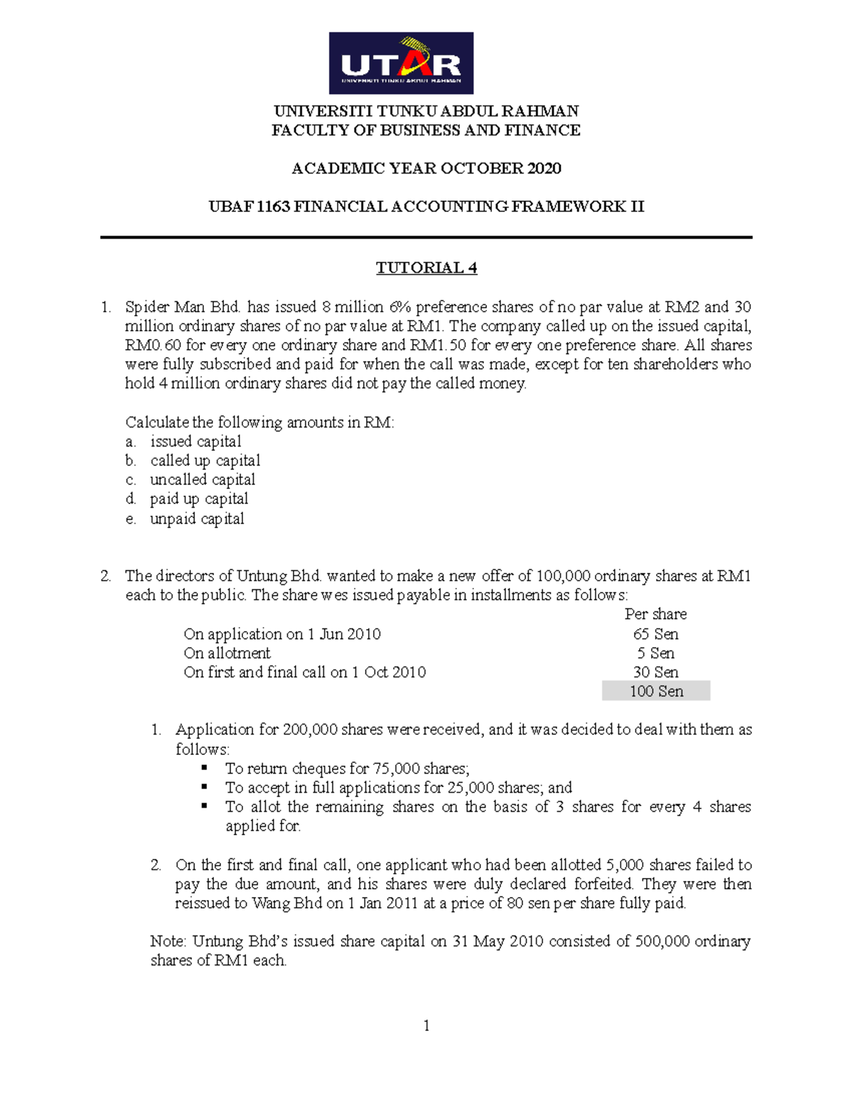 Tutorial 4 -Issuance of shares - Question - UNIVERSITI TUNKU ABDUL ...