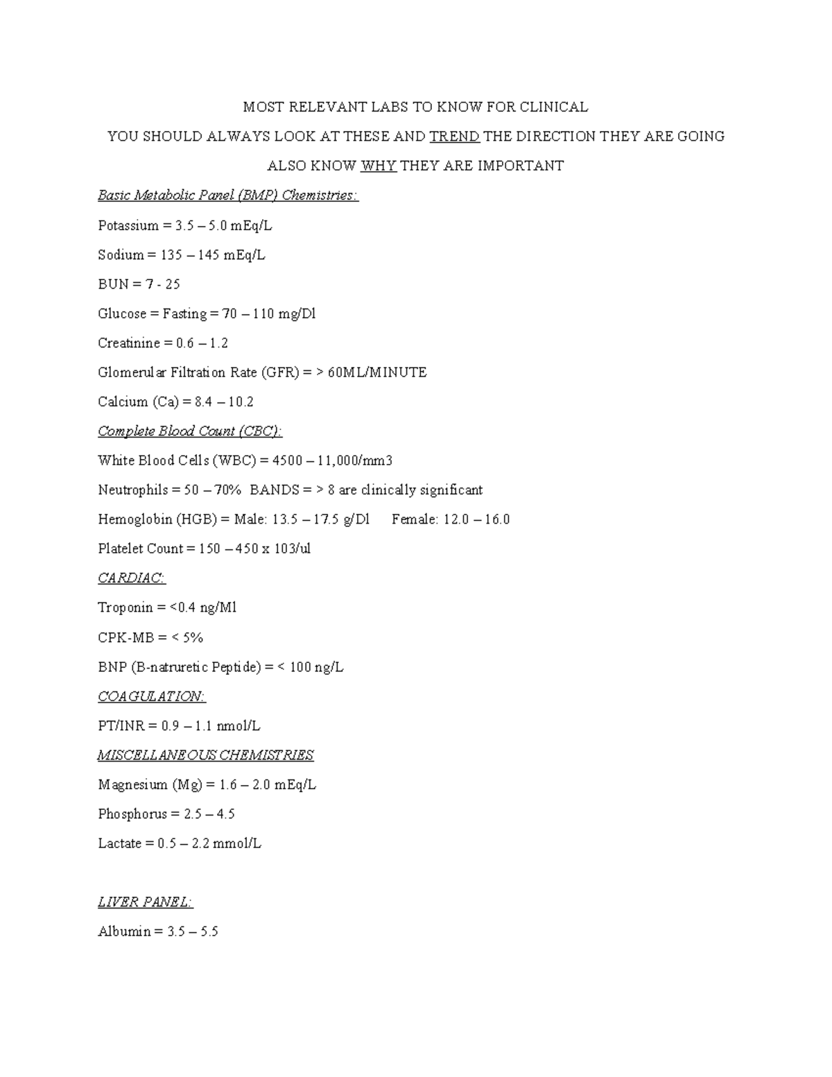 MOST Relevant LABS TO KNOW FOR Clinical - MOST RELEVANT LABS TO KNOW ...