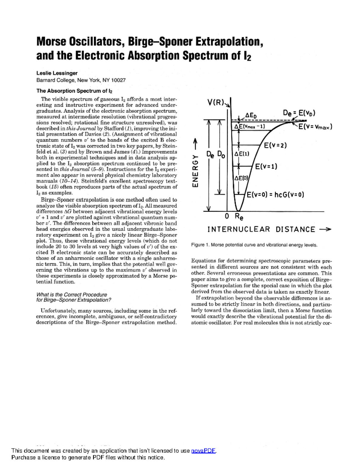 Morse Oscillators, Birge-Sponer Extrapo...e Electronic Absorption ...