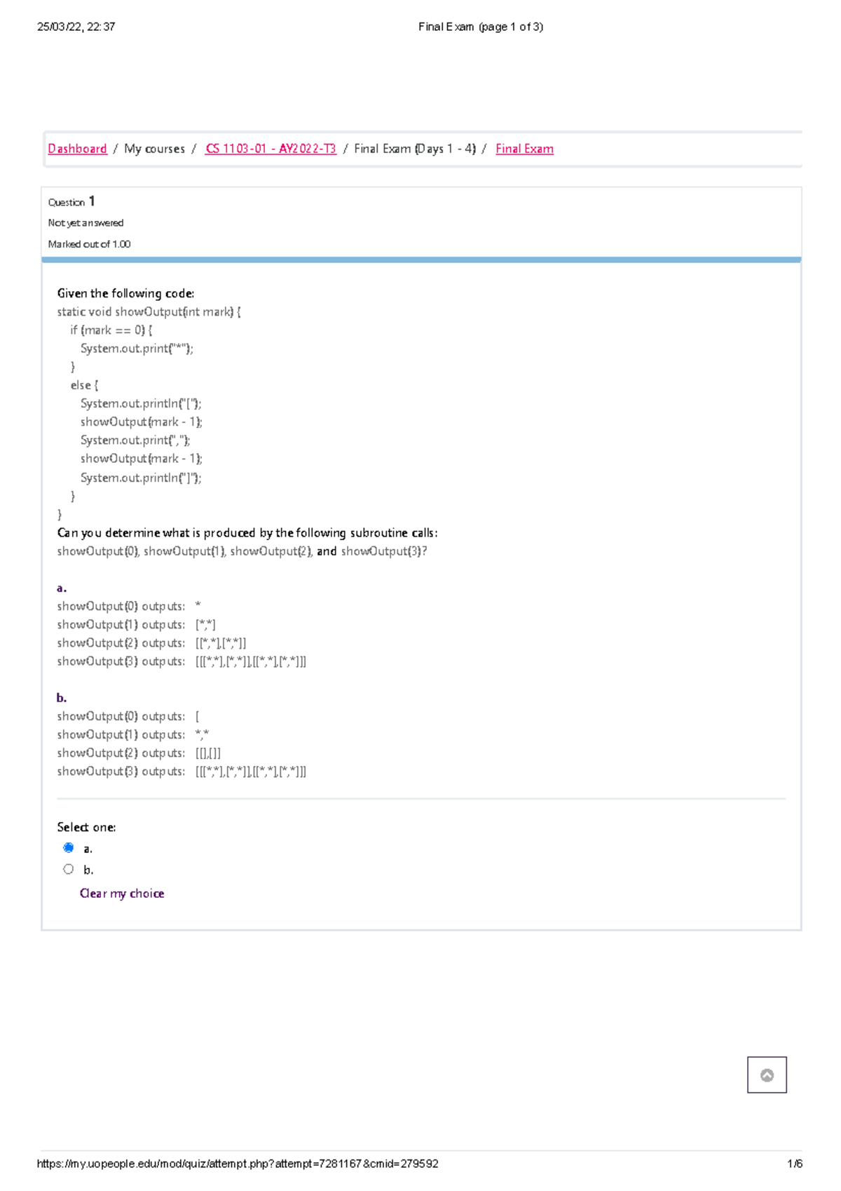 Final Exam (page 1 of 3) - Question 1 Not yet answered Marked out of 1 ...